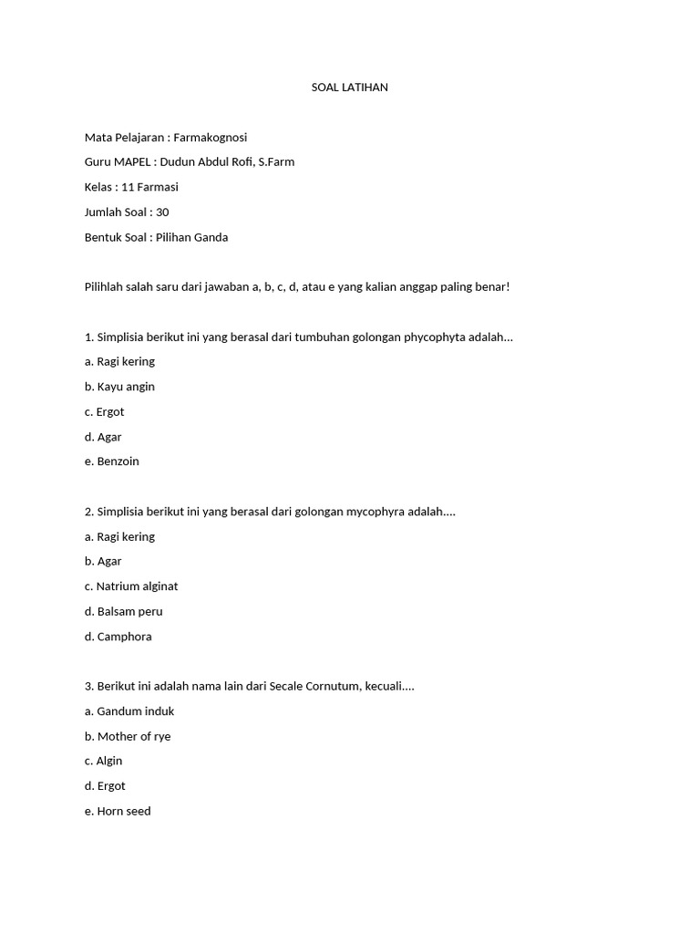 Saya Sedang Berbagi 'Latihan Soal Farmakognosi Kelas 11 Farmasi BAB 1-3' Dengan Anda | PDF