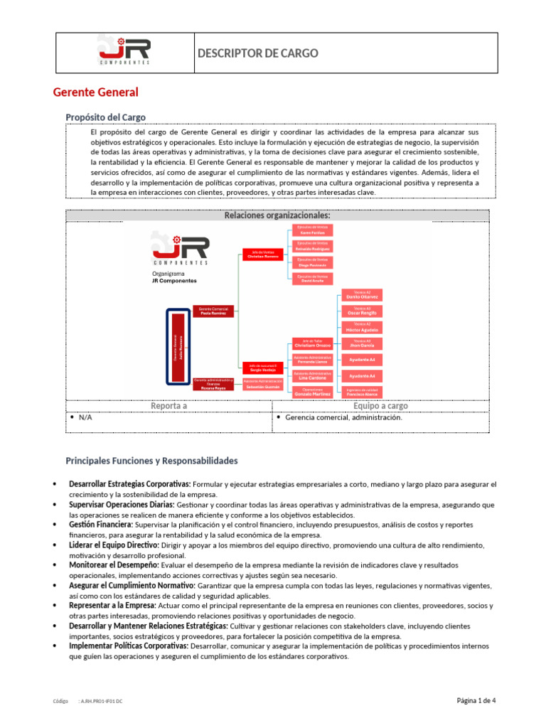 Descripción del Cargo: Gerente General | PDF | Business | Planificación