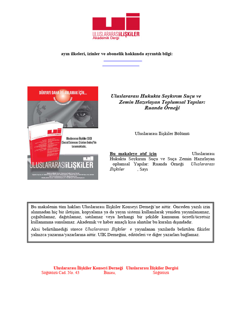 Uluslararas Hukukta Soyk R M Su U Ve Su A Zemin Haz Rlayan Toplumsal Yap Lar Ruanda Rne I ( | PDF