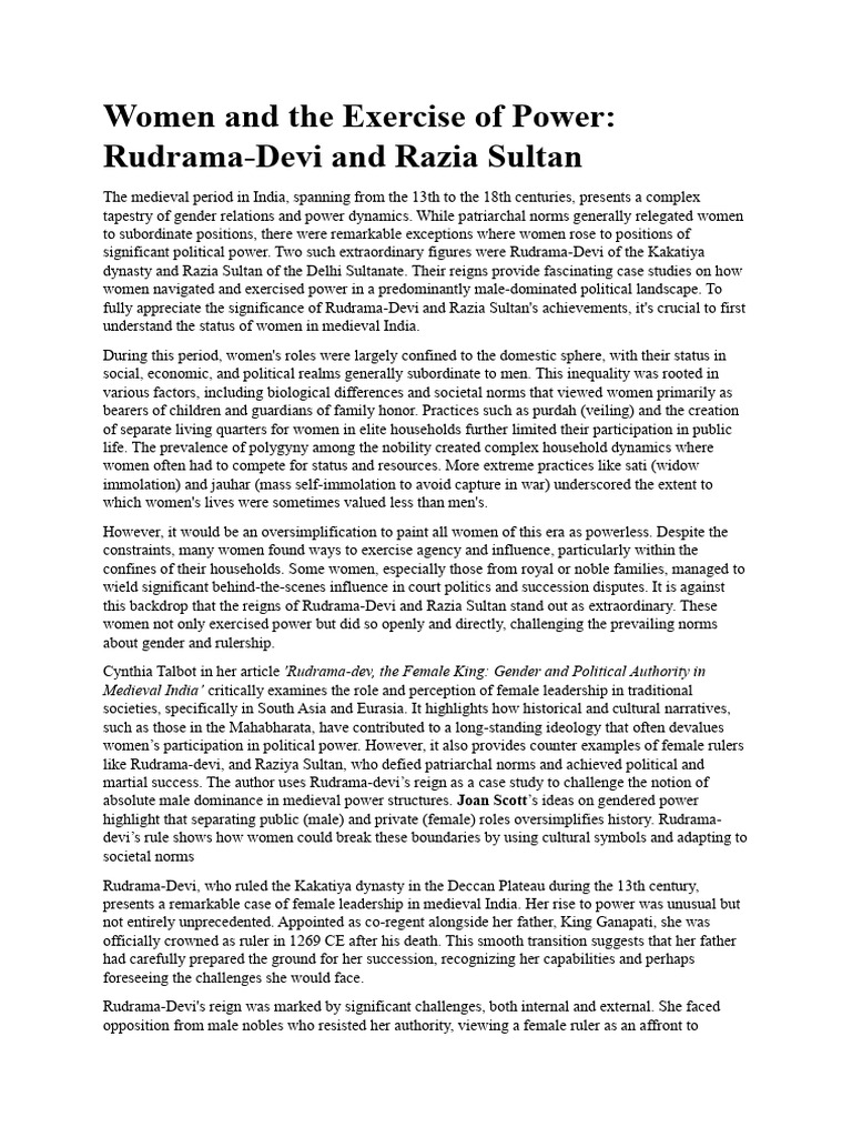 Women and The Exercise of Power Rudrama-Devi and Razia Sultan | PDF ...