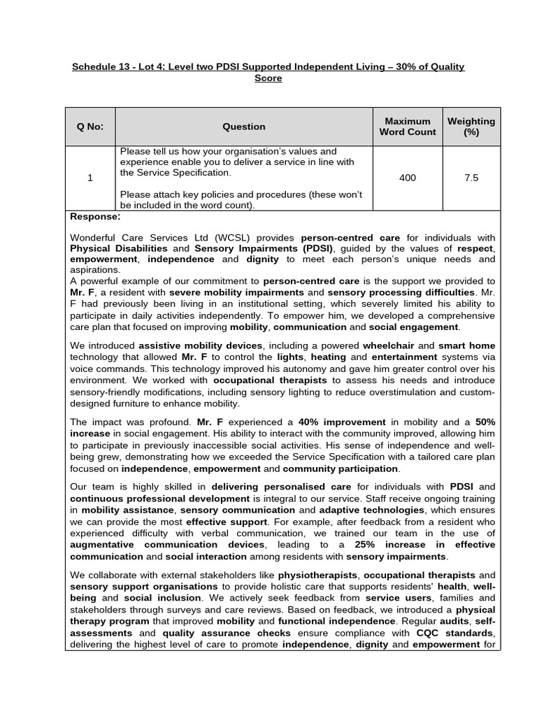 Schedule 13 - Lot 4 Level two PDSI Supported Independent Quality Questionnaire | PDF ...