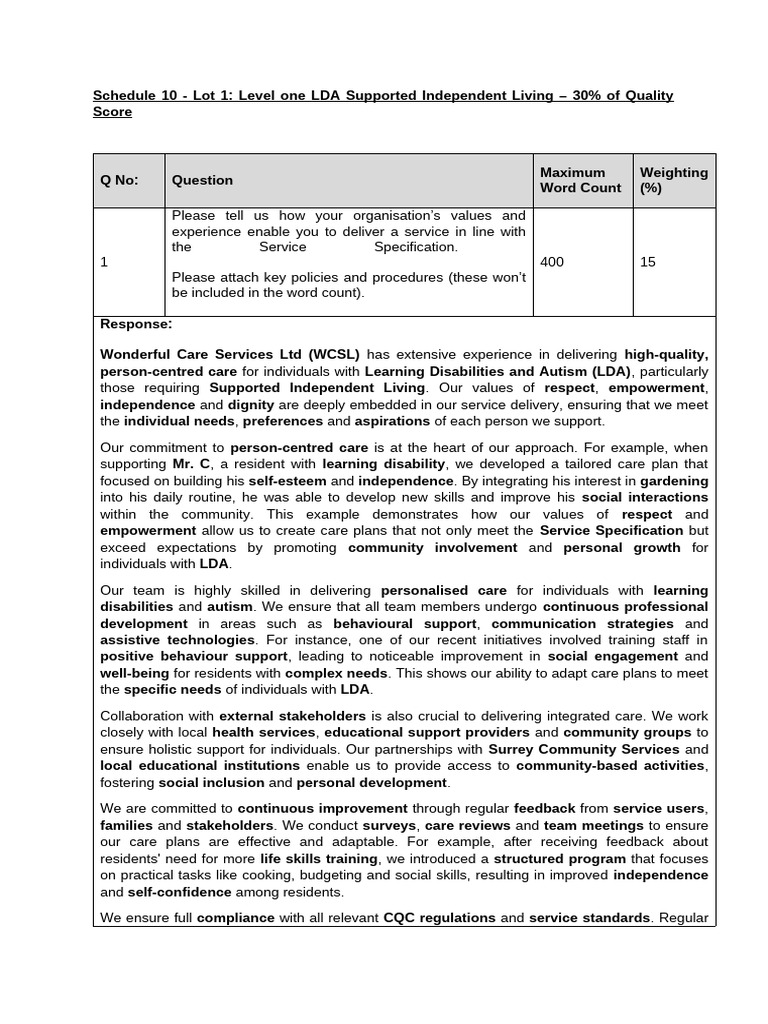 Schedule 10 - Lot 1 Level One LDA Supported Independent Living Quality ...