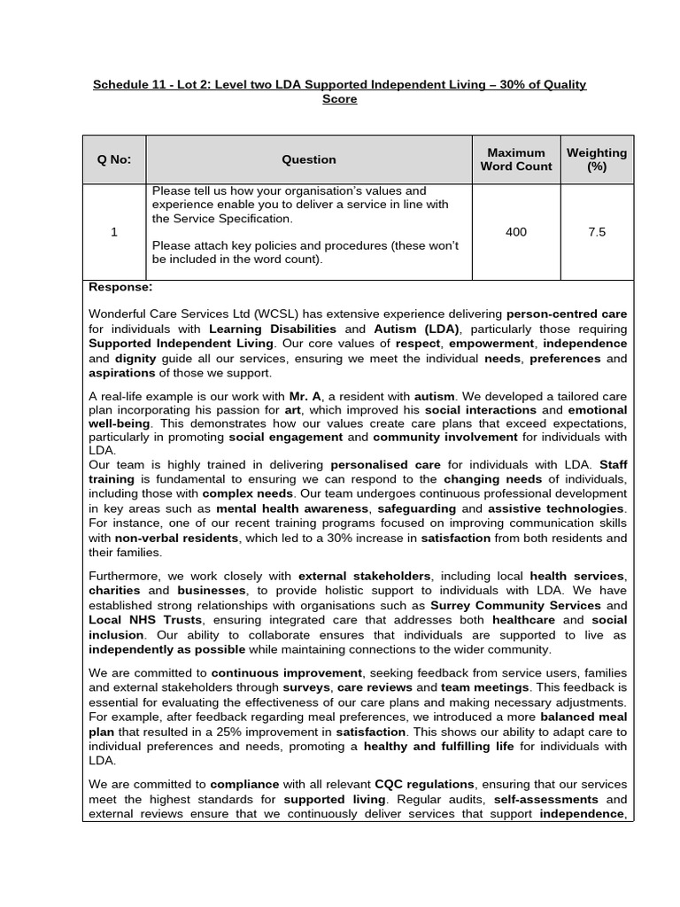 Schedule 11 - Lot 2 Level Two LDA Supported Independent Living Quality ...