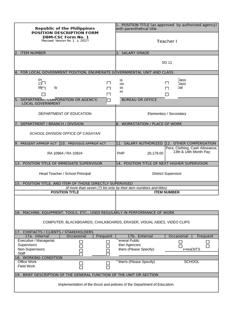 DBM CSC Form No. 1 Position Description Forms LONG | PDF | Teachers ...