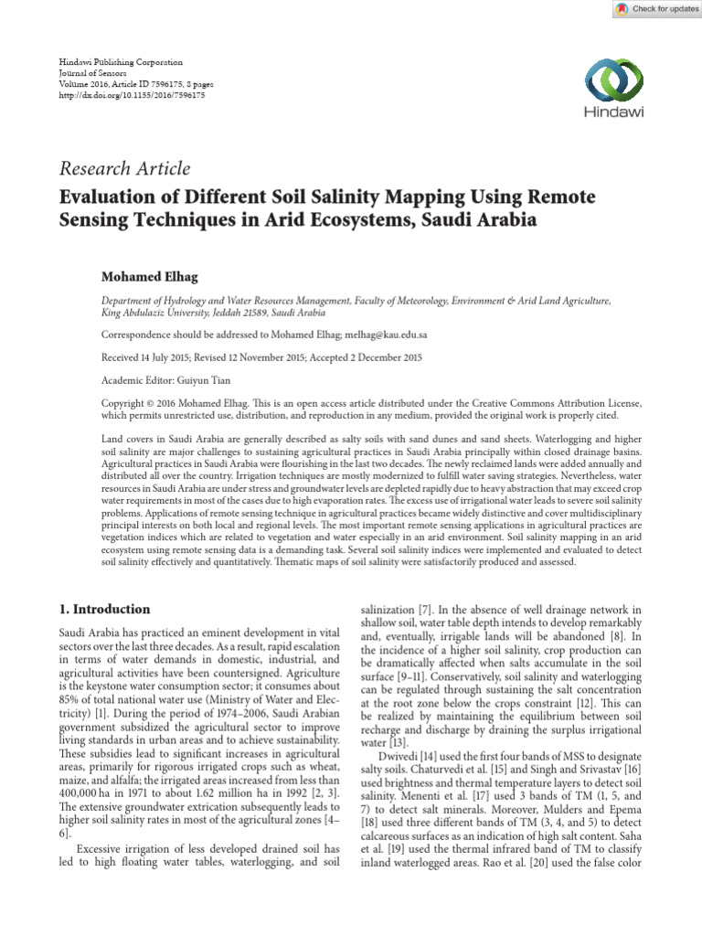 Journal of Sensors - 2016 - Elhag - Evaluation of Different Soil Salinity Mapping Using Remote ...