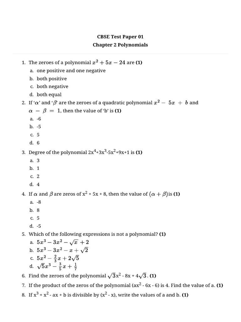 CBSE Polynomials Test Paper 01 | PDF | Polynomial | Zero Of A Function