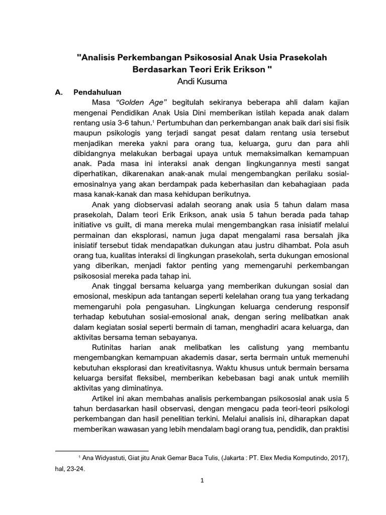 Analisis Perkembangan Psikososial Anak Usia Prasekolah Berdasarkan Teori Erik Erikson - Andi ...