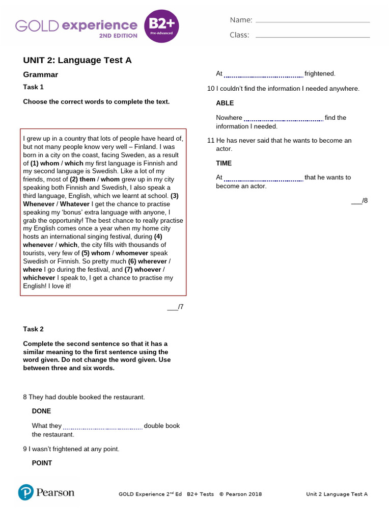 Gold Exp B2P Unit 2 Language Test A | PDF | Communication | Learning