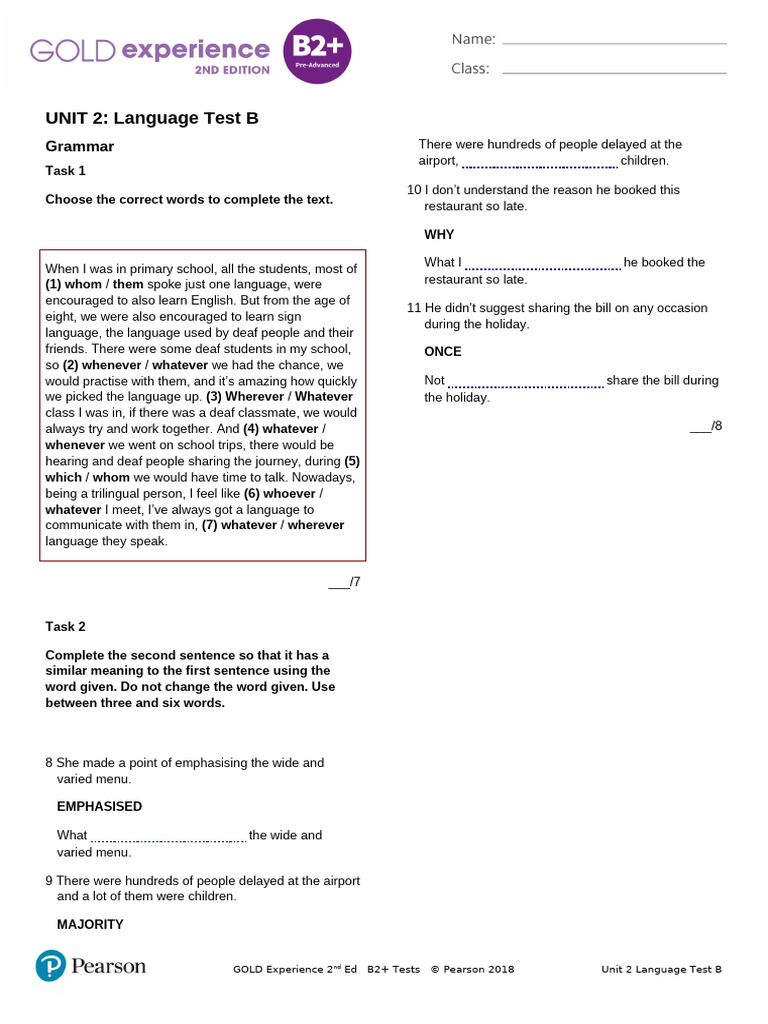 Gold Exp B2P Unit 2 Language Test B | PDF | Deafness | Cognition