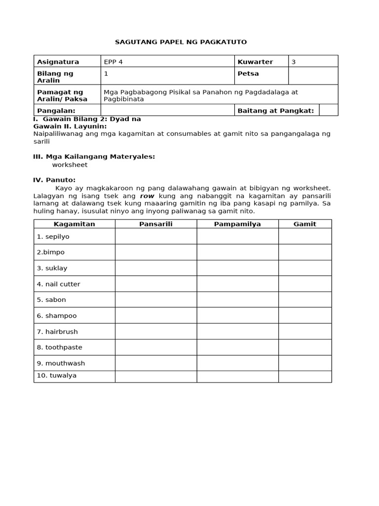 Q3 Epp Worksheets | PDF
