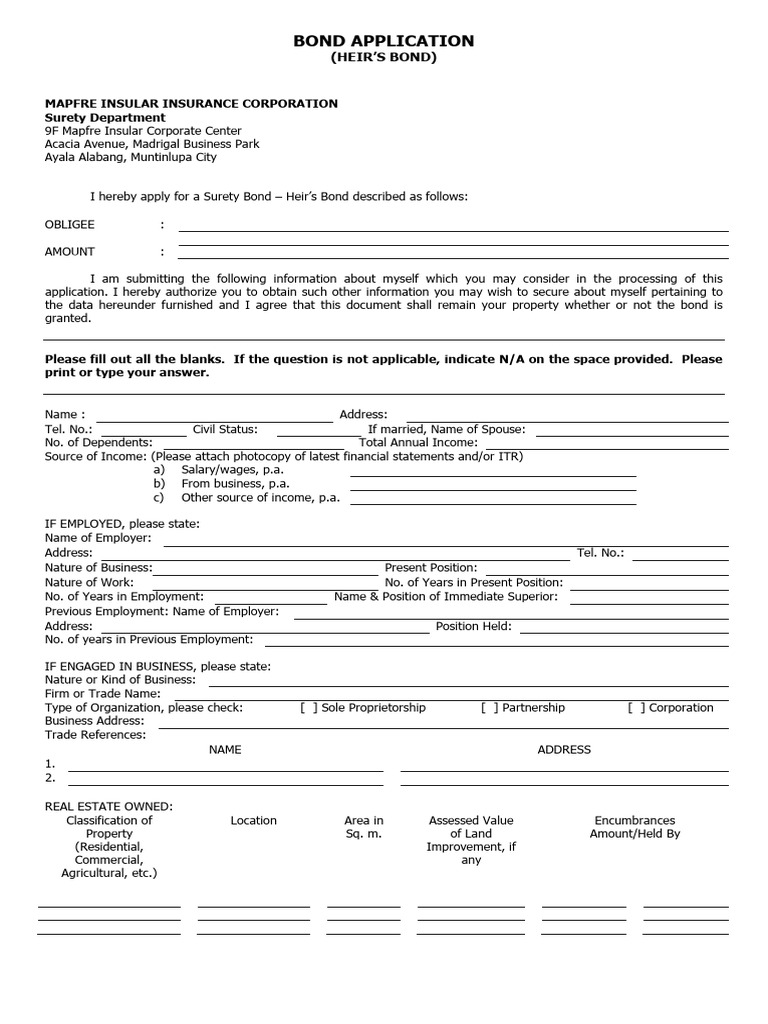 Heir's Bond Application Form | PDF | Business | Economies