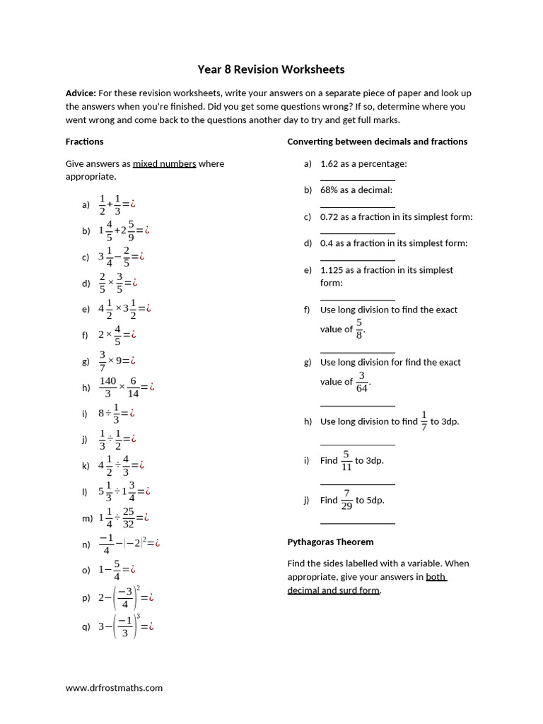 Year 8 Math Revision Worksheets | PDF | Shape | Area