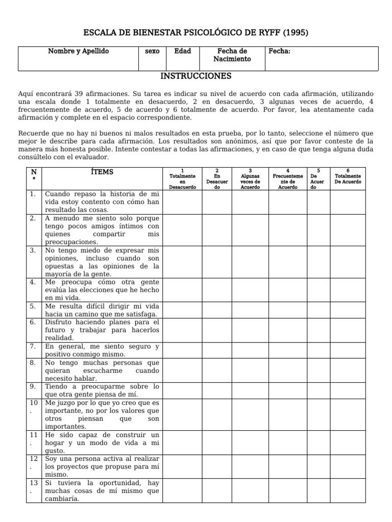 Escala de Bienestar Psicológico de Ryff | PDF