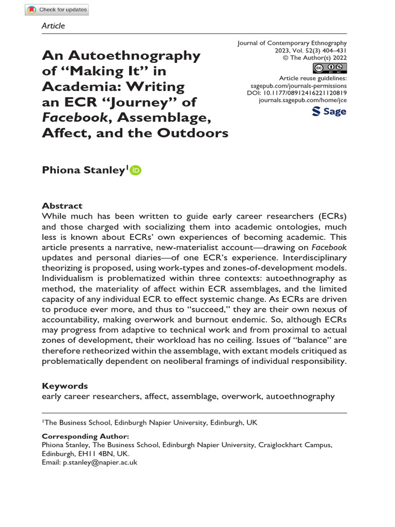 Stanley 2022 An Autoethnography of Making It in Academia Writing An Ecr ...