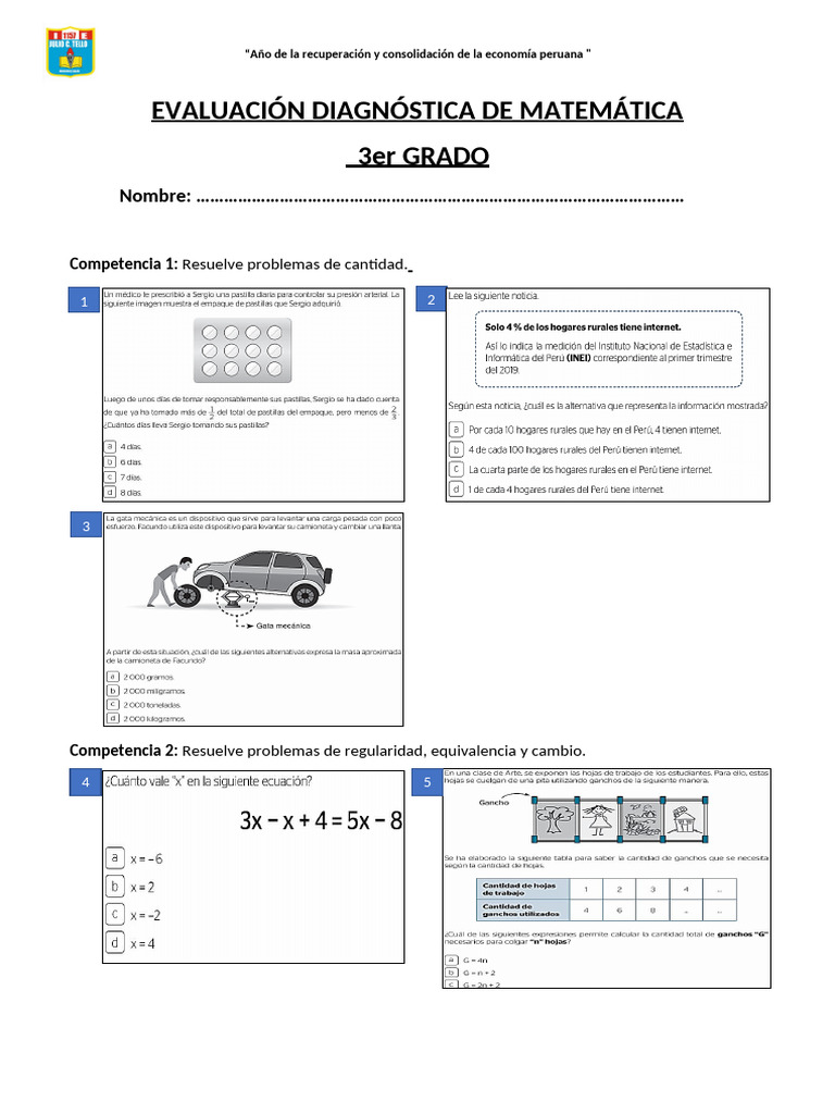EVALUACION DIAGNOSTICA DE MATEMATICAS 3er GRADO | PDF