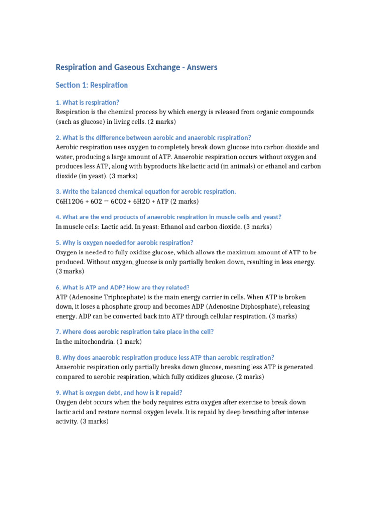 Respiration and Gaseous Exchange Answers | PDF | Cellular Respiration ...