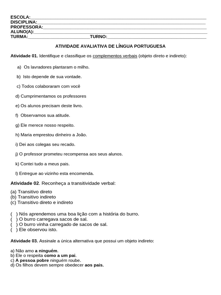 Atividade 01 sobre Objeto Direto e Indireto para o 7º Ano | PDF | Objeto (gramática)