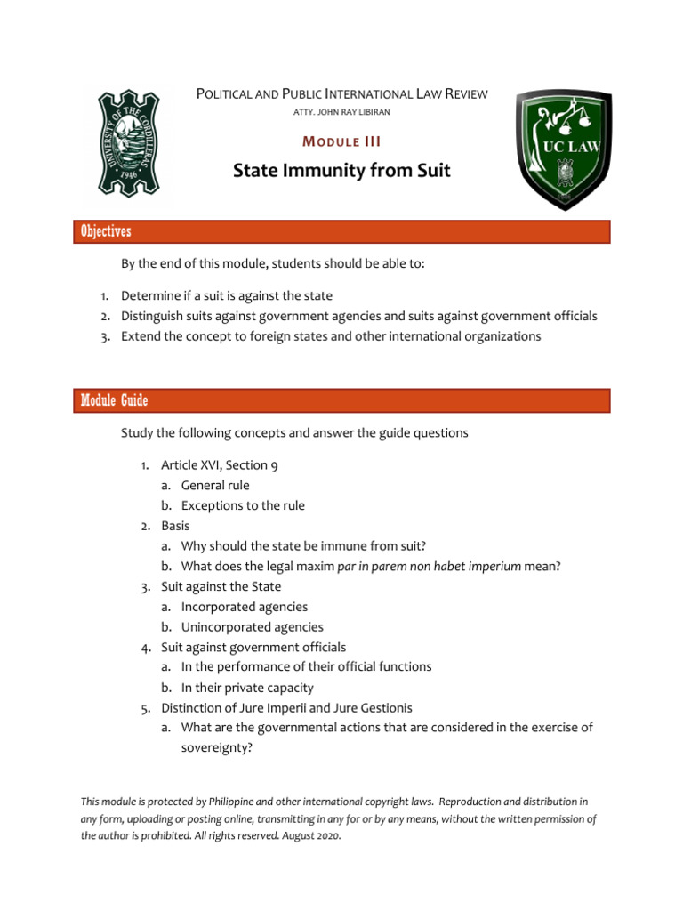 Module 3 - State Immunity From Suit | PDF | Civil Law (Common Law ...