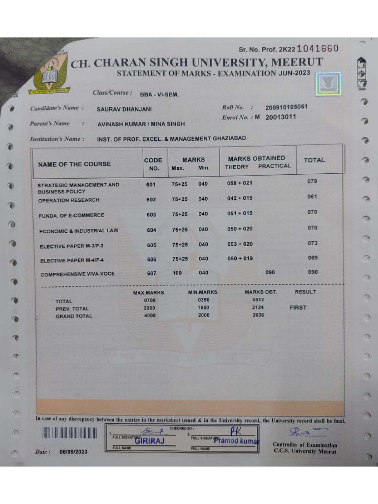 Ccsu Marksheet | PDF