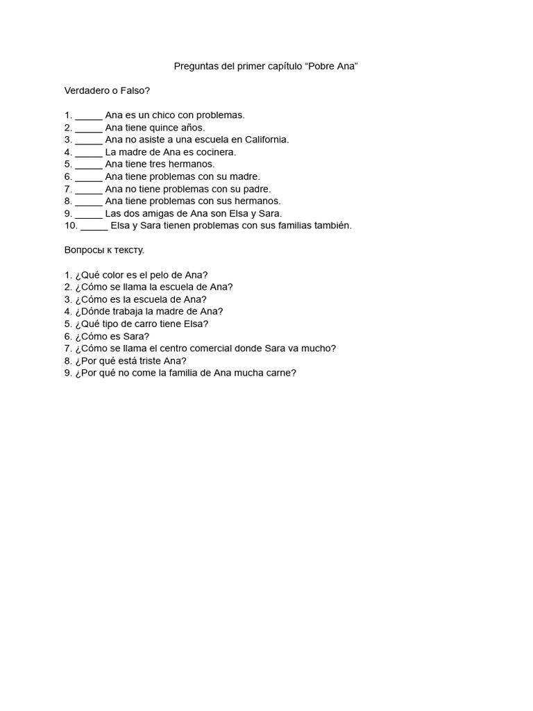 Preguntas sobre "Pobre Ana" Capítulo 1 | PDF