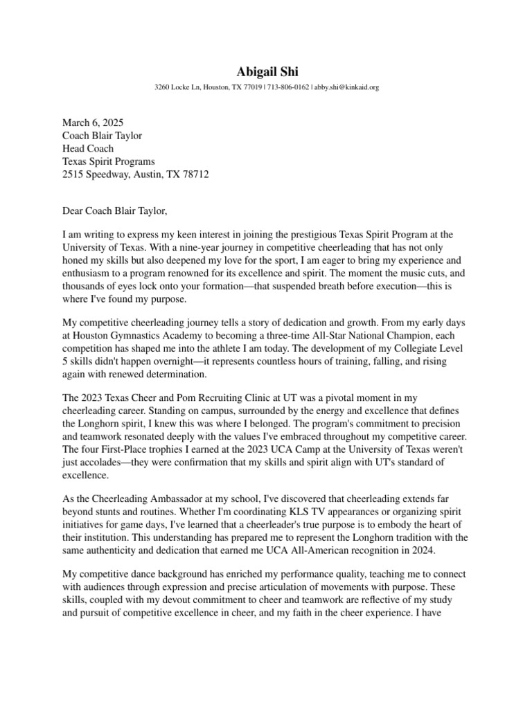 Abigail Shi UT Cheer Cover Letter | PDF | Cheerleading