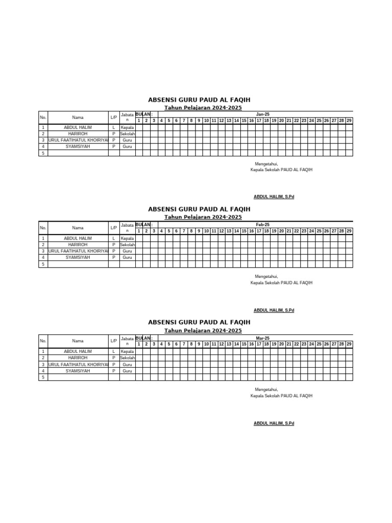 Format Absensi Guru Excel Ori | PDF