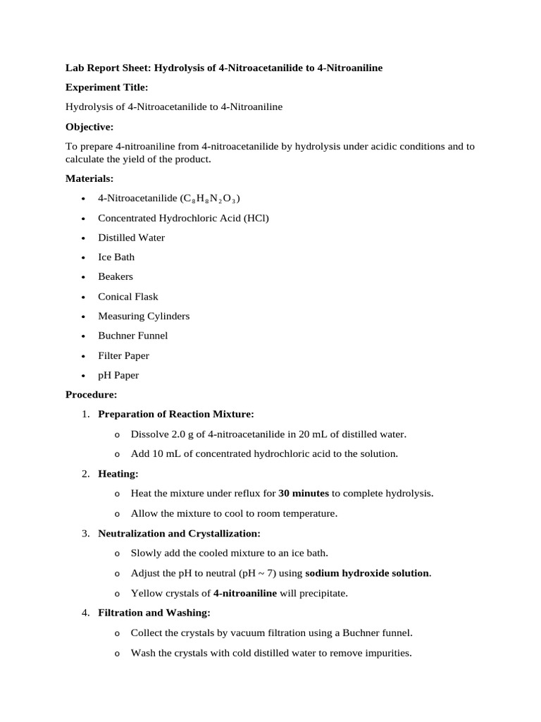 Hydrolysis of 4-Nitroacetanilide Lab | PDF | Hydrolysis | Acid