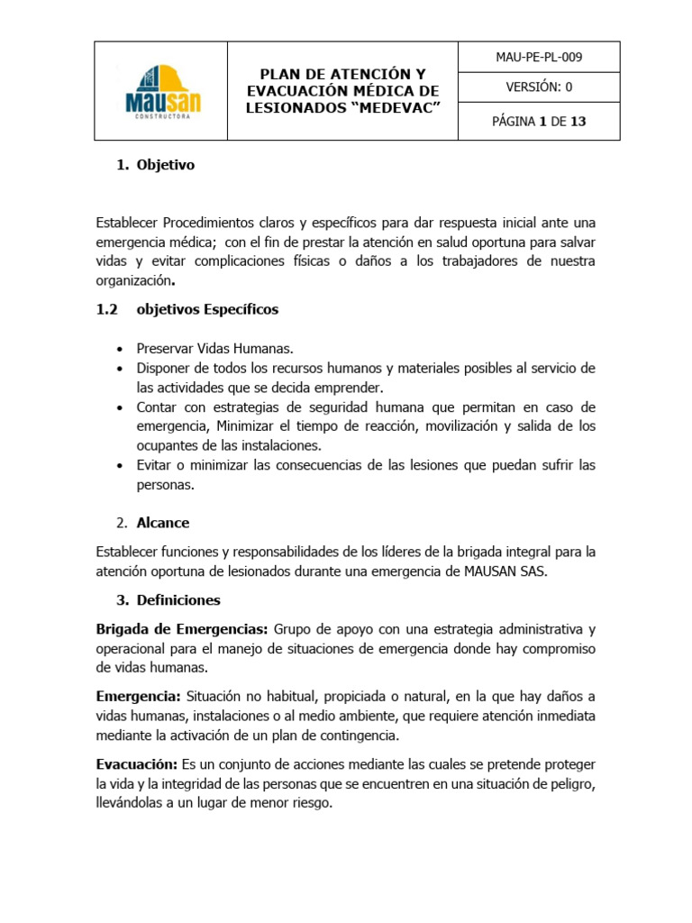 Plan de Evacuación Médica MEDEVAC | PDF | Primeros auxilios | Hospital