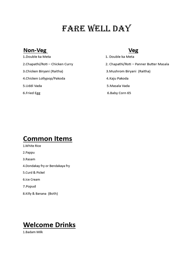 Farewell Day Menu: Veg & Non-Veg Options | PDF
