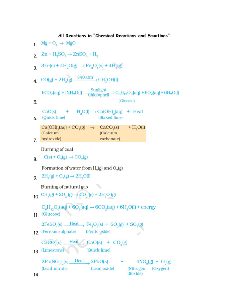 All NCERT Reactions of Chemical Reactions and Equations | PDF