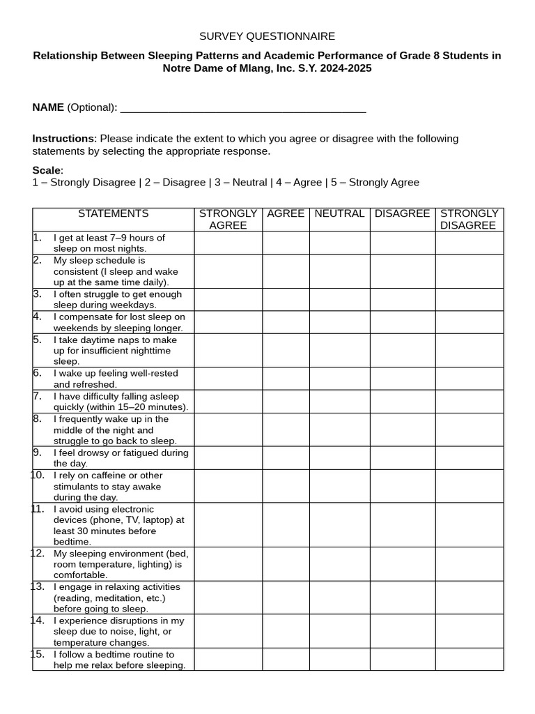 Sean - Sleeping Patterns Questionnaire | PDF