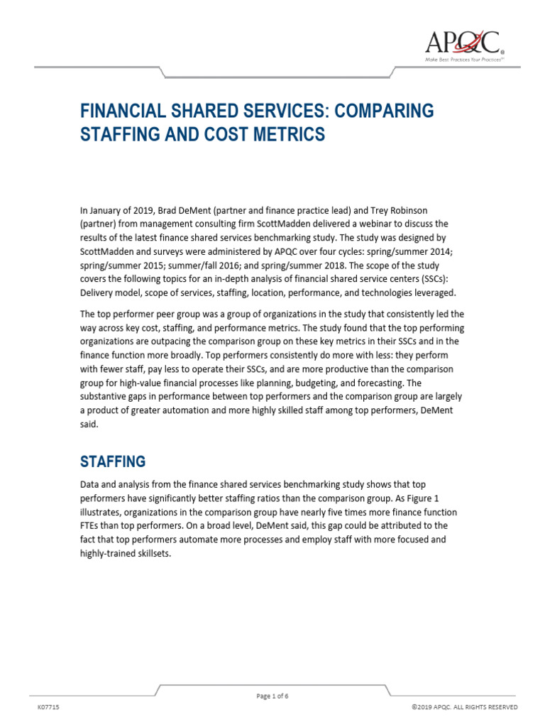 ScottMadden APQC Financial Shared Services Comparing Staffing and Cost ...