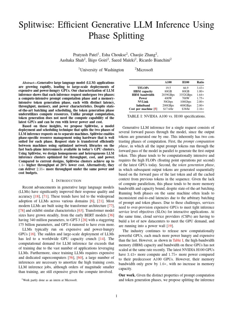 Splitwise: Efficient Generative LLM Inference Using Phase Splitting | PDF | Graphics Processing ...