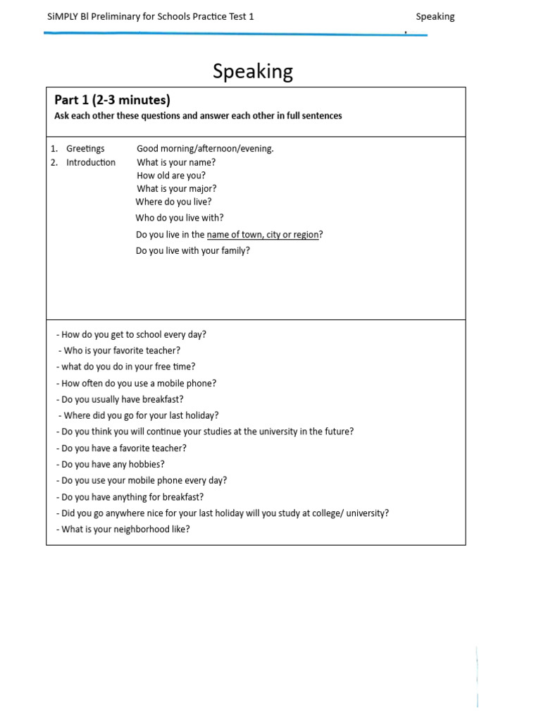 Speaking Test Part 1-2 | PDF