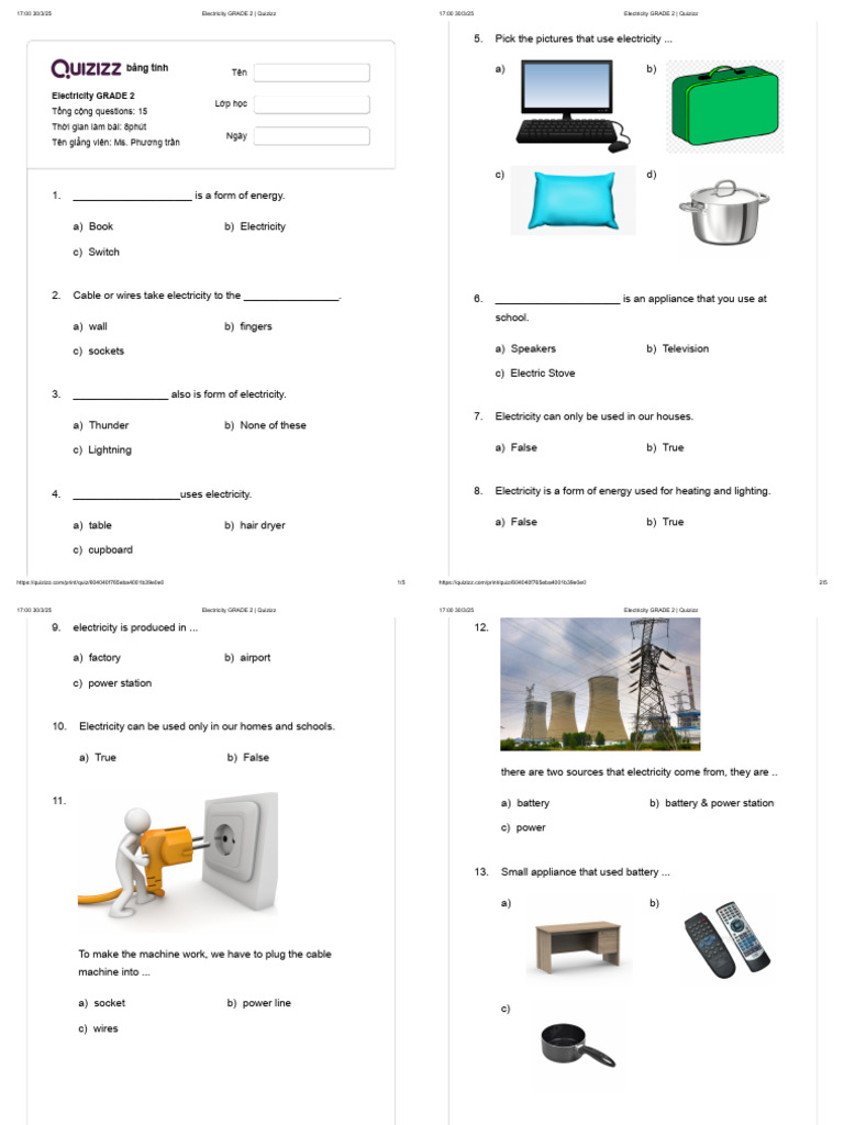 Electricity GRADE 2 - Quizizz | PDF | Electromagnetism | Home Appliance