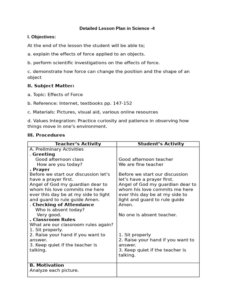 Effects of force Lesson Plan | PDF | Force | Teachers