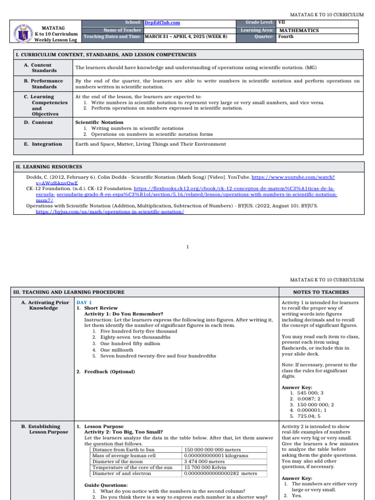 DLL Matatag - Mathematics 7 q4 w8 | PDF | Curriculum | Learning