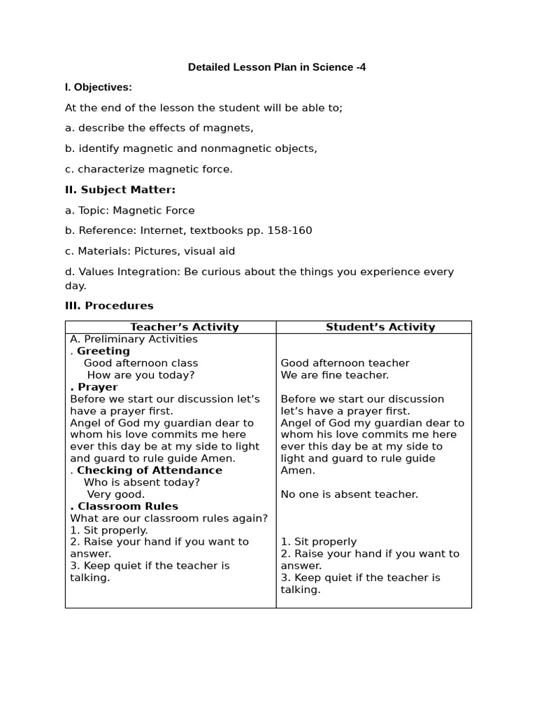 Lesson Plan on Magnetic Force for Grade 4 | PDF | Magnet | Magnetism