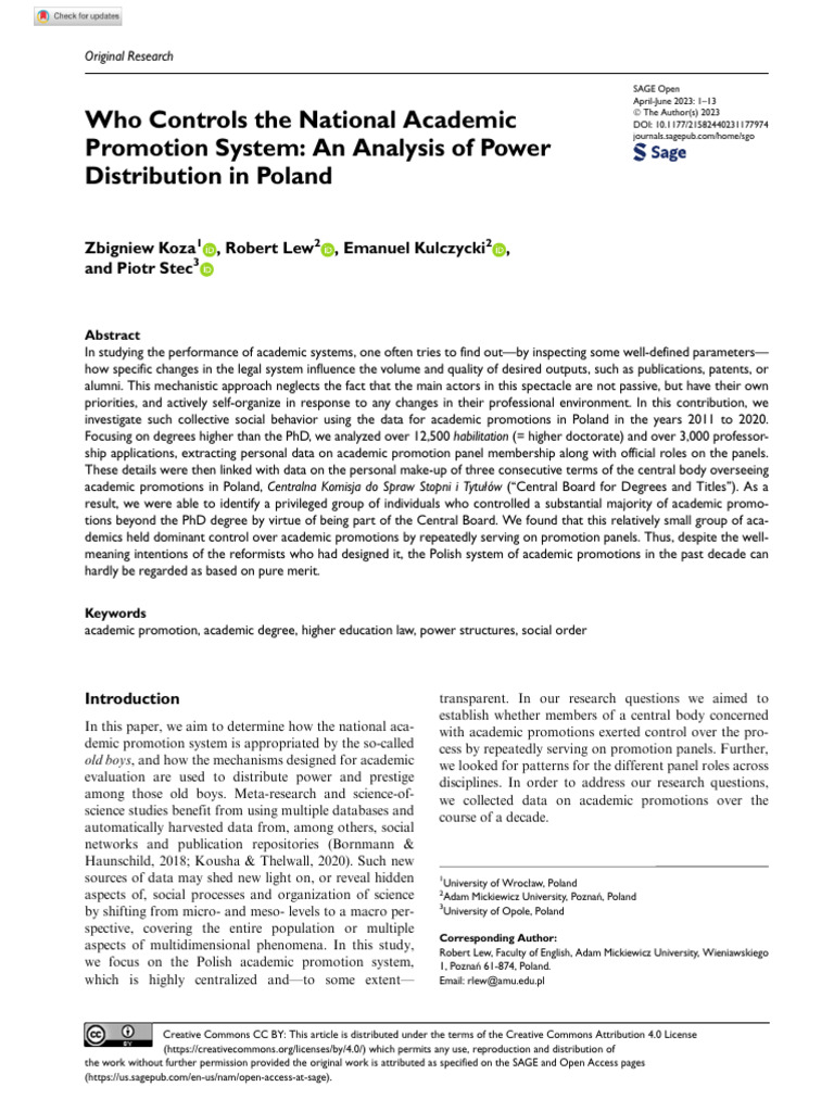 Koza Et Al 2023 Who Controls The National Academic Promotion System An ...