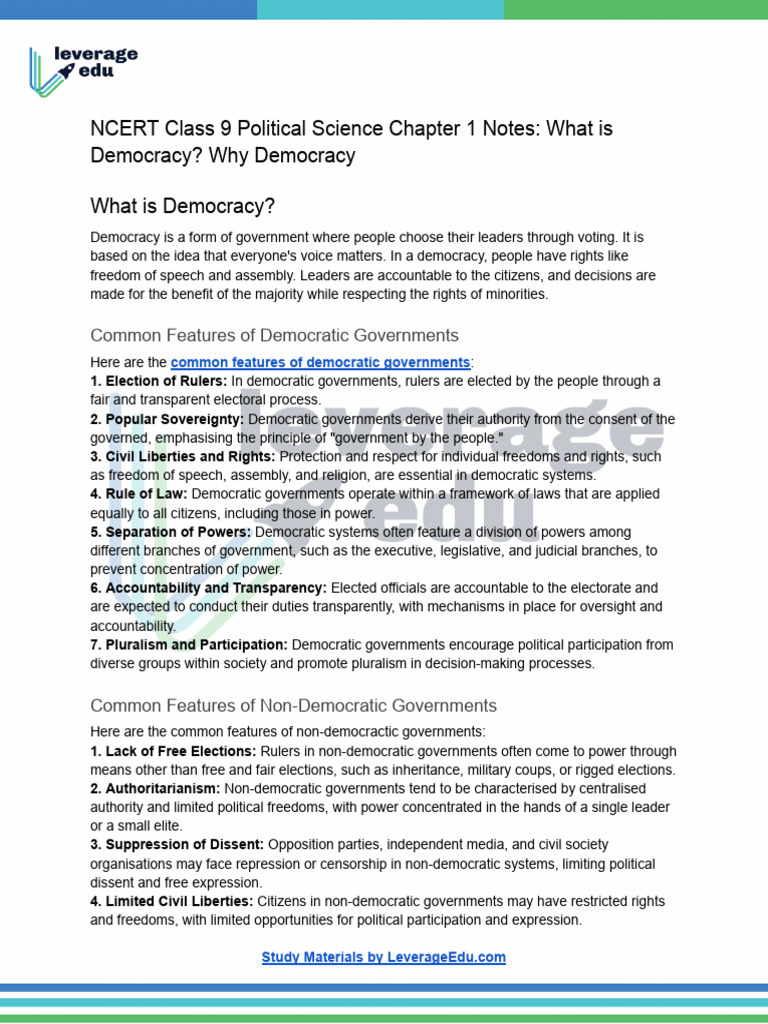 NCERT Class 9 Political Science Chapter 1 Notes - What Is Democracy ...