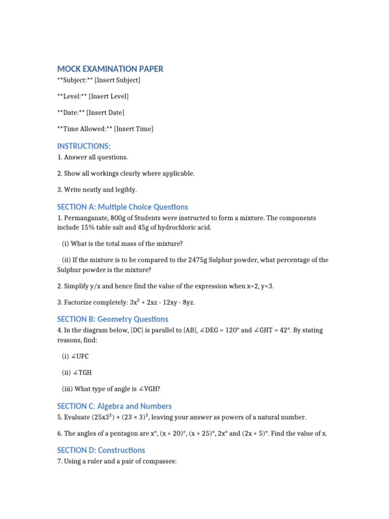 Mock Exam Paper: Math & Geometry | PDF