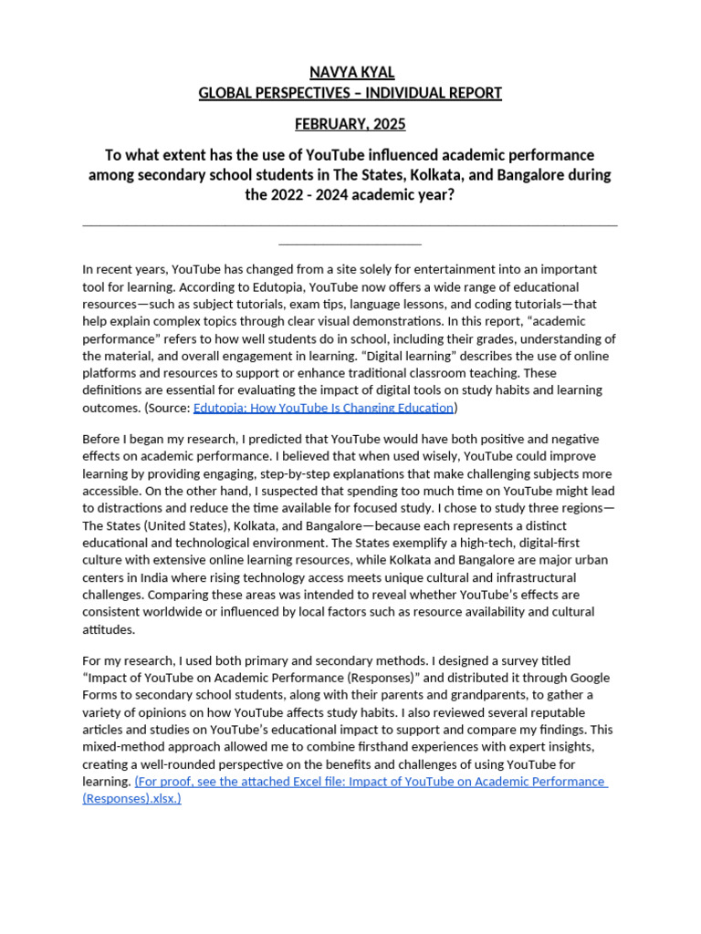 Vers.2 (FINAL) Navya Kyal, 8A, Individual Report - Global Perspectives | PDF | Learning | You Tube