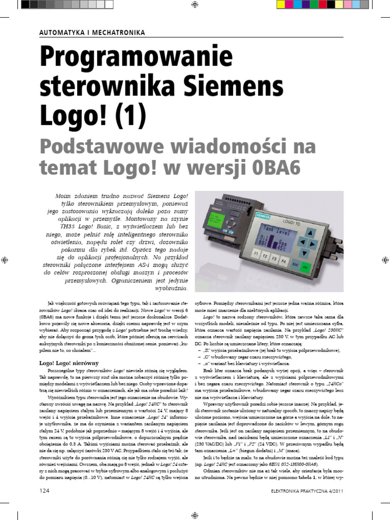 Programowanie Sterownika Siemens Logo! (1) : Podstawowe Wiadomo Ci Na Temat Logo! W Wersji 0BA6 ...