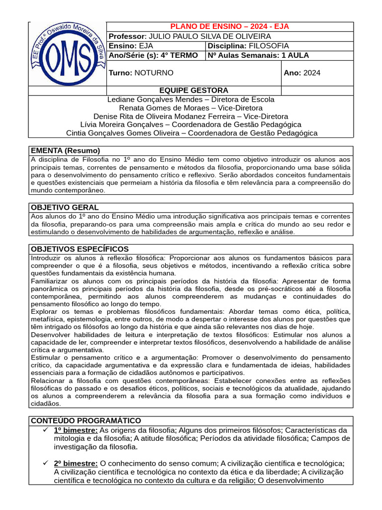 Plano de Ensino Oficial Filosofia 4°termo Eja | PDF | Science | Pensamento
