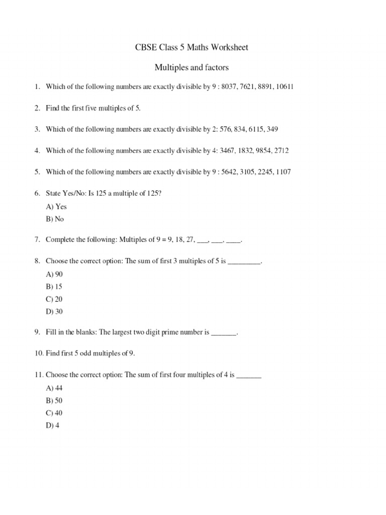 Factors and Multiples Practice Worksheet | PDF
