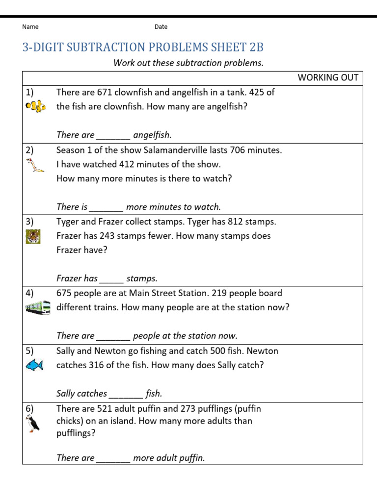 3-Digit Subtraction Word Problems | PDF