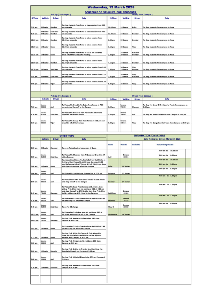 Vehicle Schedule For 19-03-2025 | PDF
