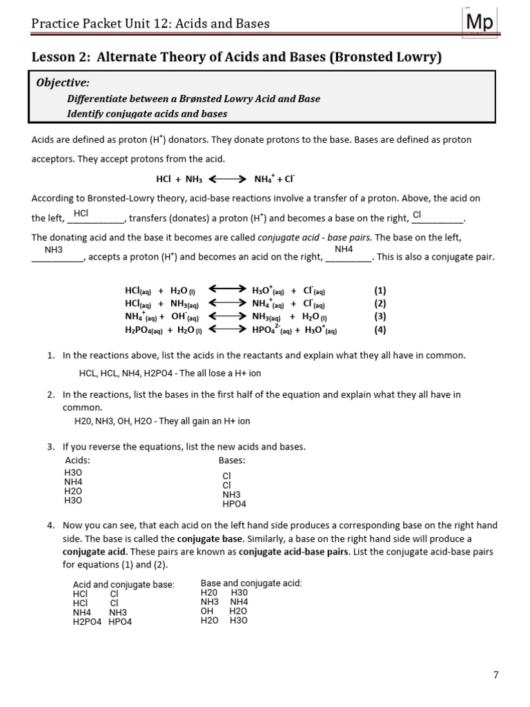Bronsted-Lowry Practice WKST | PDF | Acid | Materials