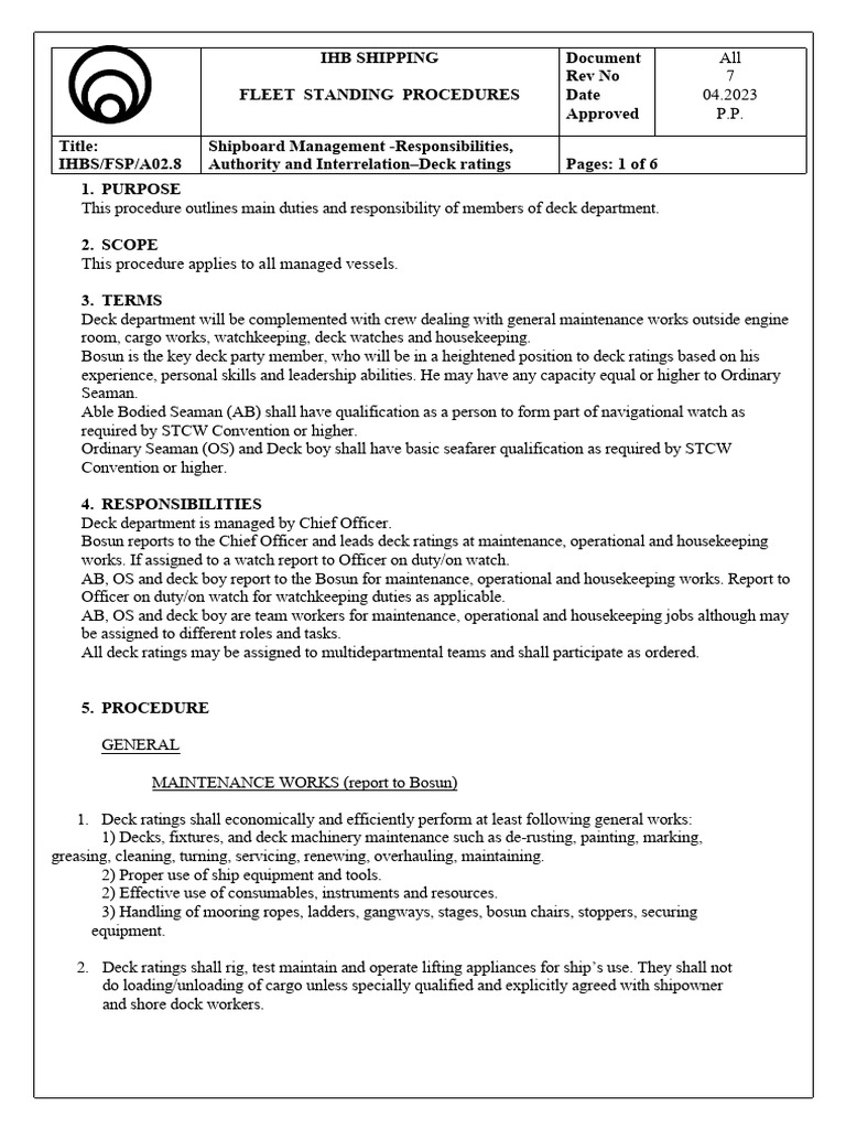 Ihb Fleet Standing Procedure Deck | PDF | Shipping | Water Transport