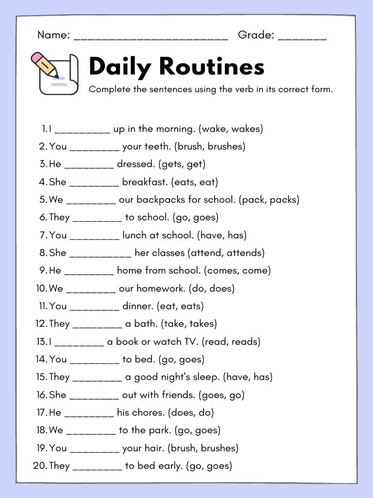 Daily Routines Fill in The Blanks Writing Activity Worksheet | PDF